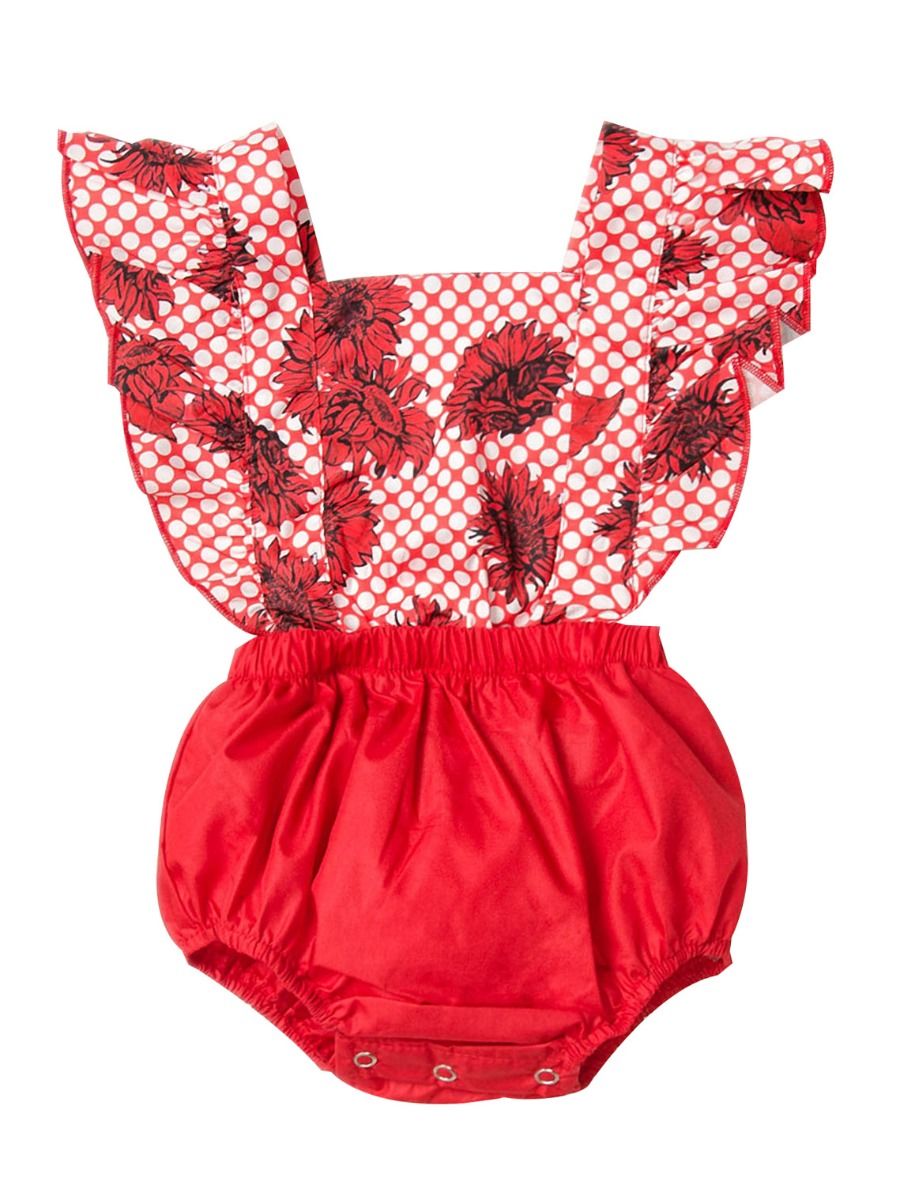 Wholesale Baby Girl Flowers Flutter-sleeve Red Bodysuit