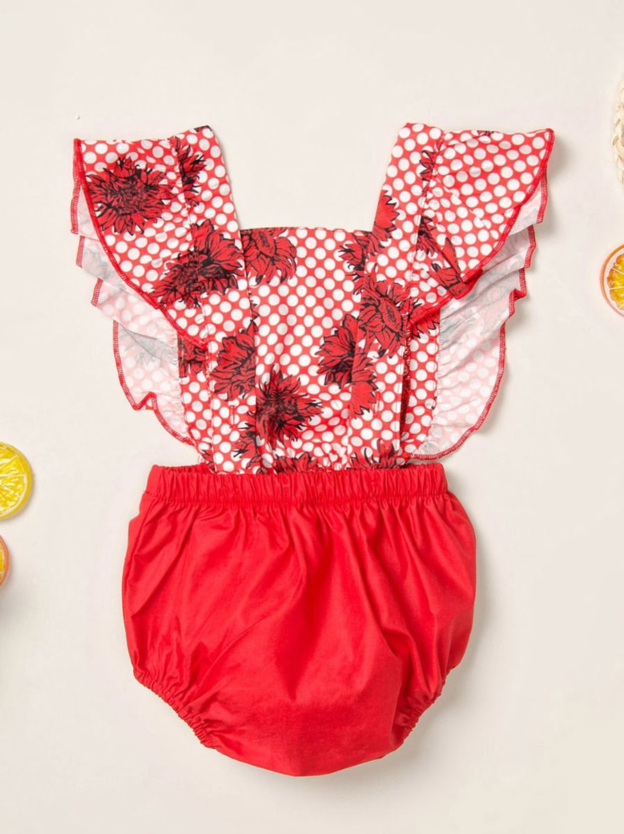 Wholesale Baby Girl Flowers Flutter-sleeve Red Bodysuit