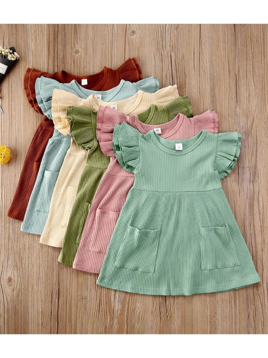 Wholesale Little Girl Solid Color Flutter Sleeve Ribbed