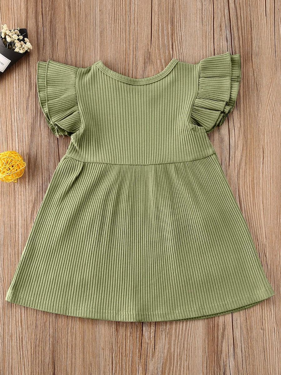 Wholesale Little Girl Solid Color Flutter Sleeve Ribbed