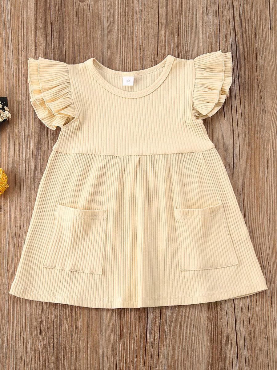 Wholesale Little Girl Solid Color Flutter Sleeve Ribbed
