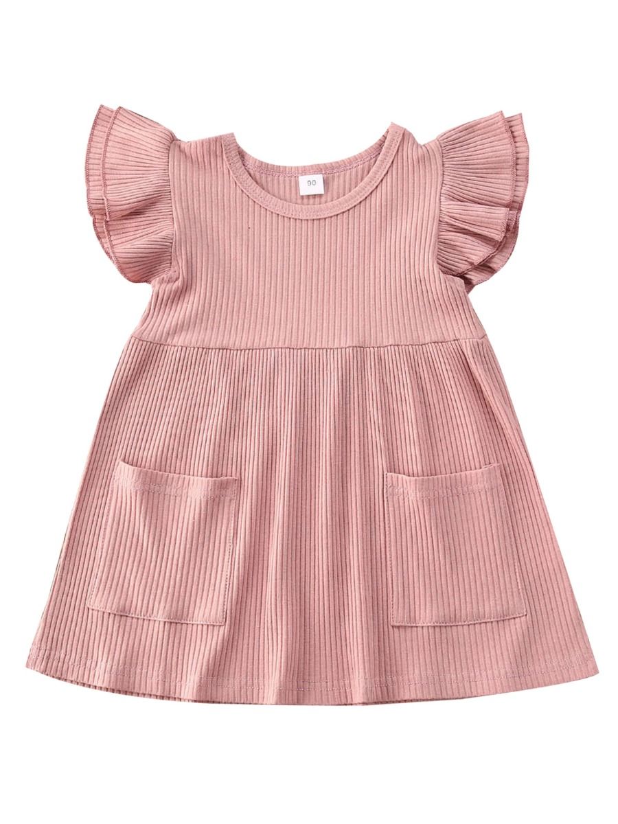 Wholesale Little Girl Solid Color Flutter Sleeve Ribbed