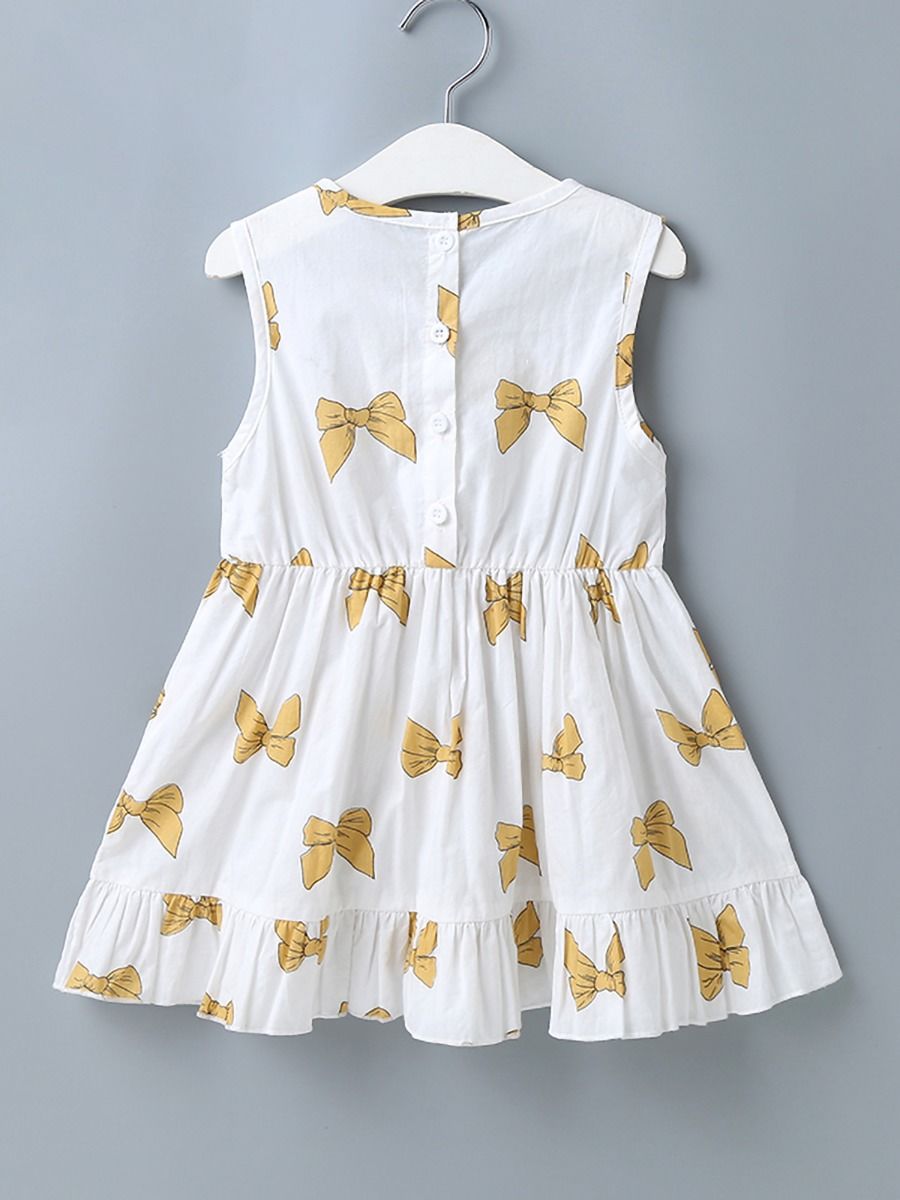 Wholesale Kid Girl Bow Print Ruffle Hem Sleeveless Dres