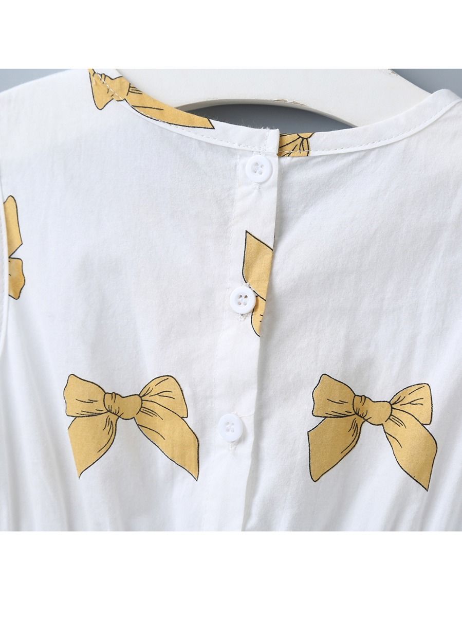 Wholesale Kid Girl Bow Print Ruffle Hem Sleeveless Dres