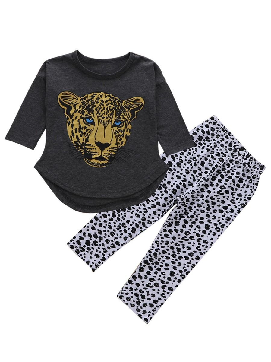 Wholesale 2 Pieces Little Girls Leopard Print Set Long