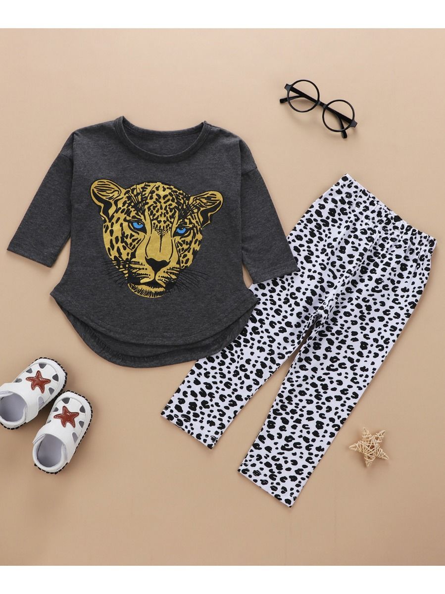 Wholesale 2 Pieces Little Girls Leopard Print Set Long