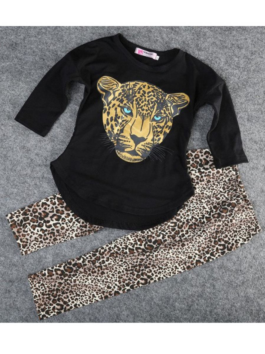 Wholesale 2 Pieces Little Girls Leopard Print Set Long