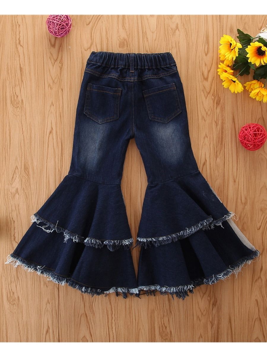 Wholesale Little Girl Denim Fringed Hem Flared Pants 20