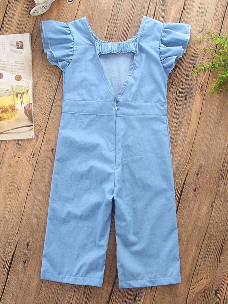 Wholesale Kid Girl Flutter Sleeve Wide Leg Demin Jumpsu