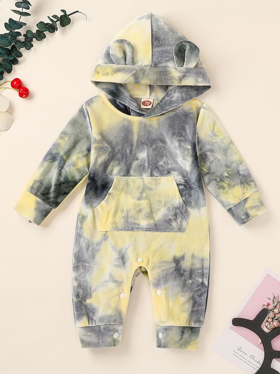 Wholesale Baby Tie Dye Kangaroo Pocket Hooded Jumpsuit