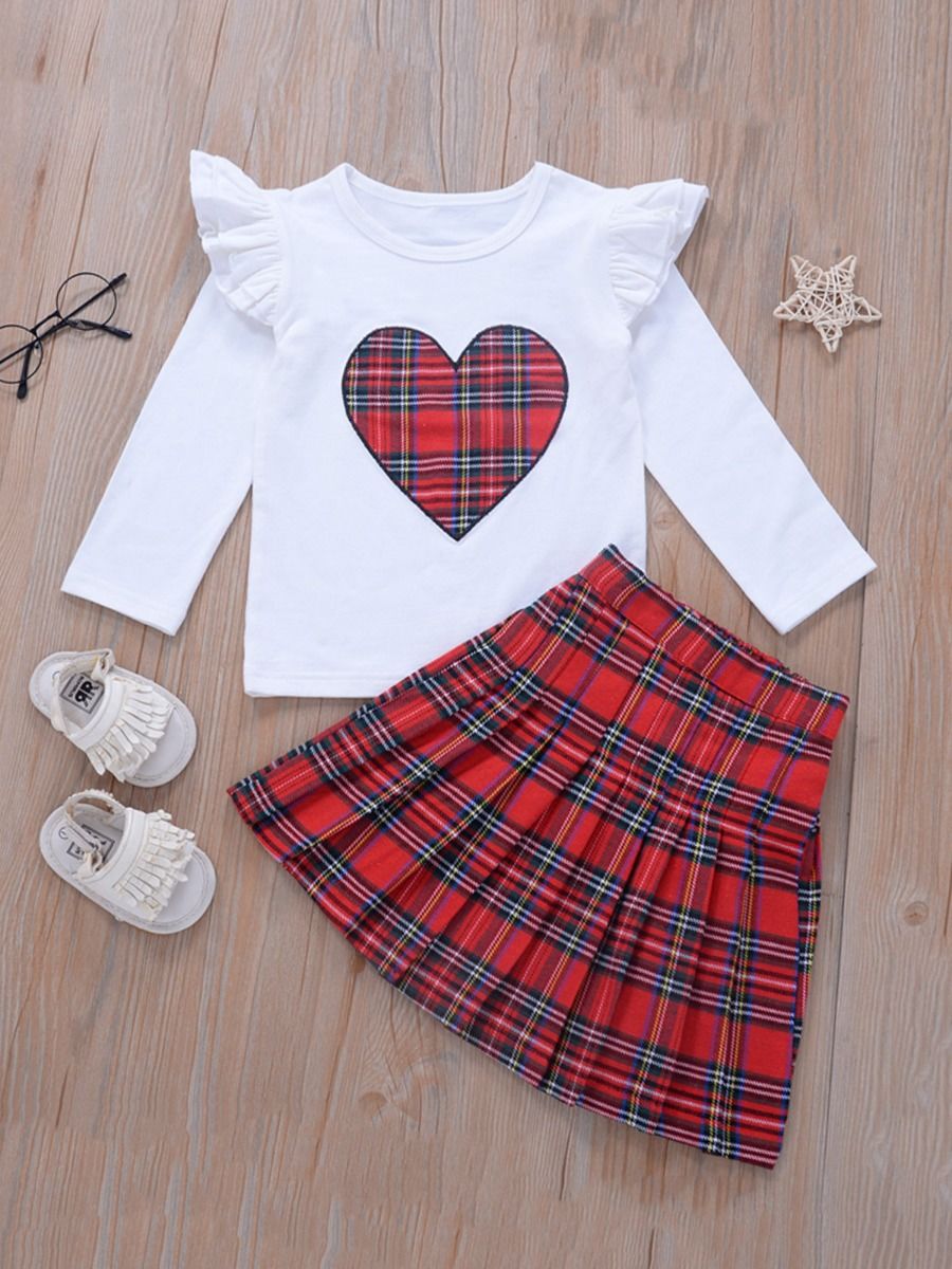 Wholesale 2 Pcs Kid Girl Plaid Love Heart Set Top Match