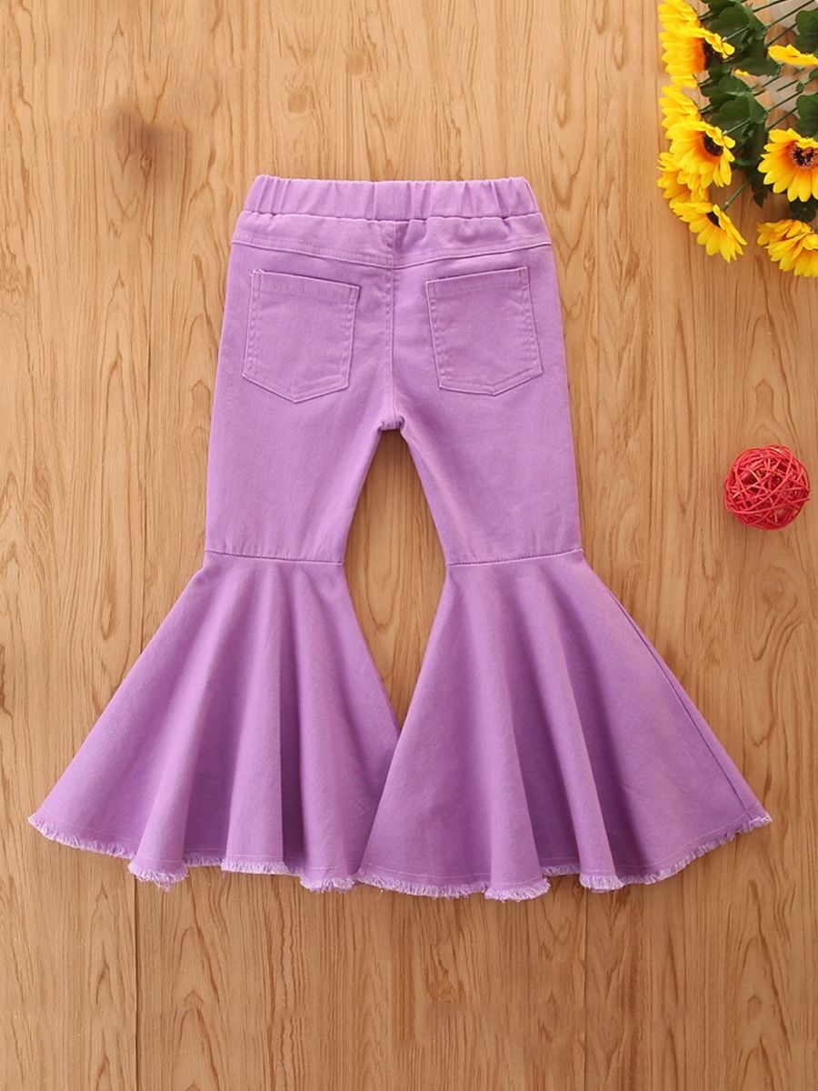 Wholesale Kid Girl Ripped Solid Color Denim Flared Pant