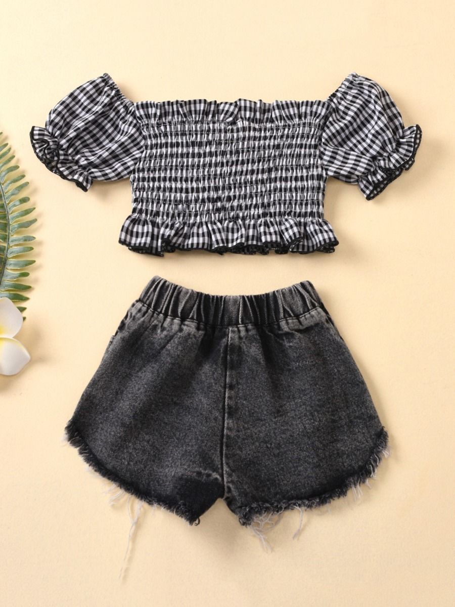 Wholesale 2 Pieces Kid Girl Set Off Shoulder Plaid Top