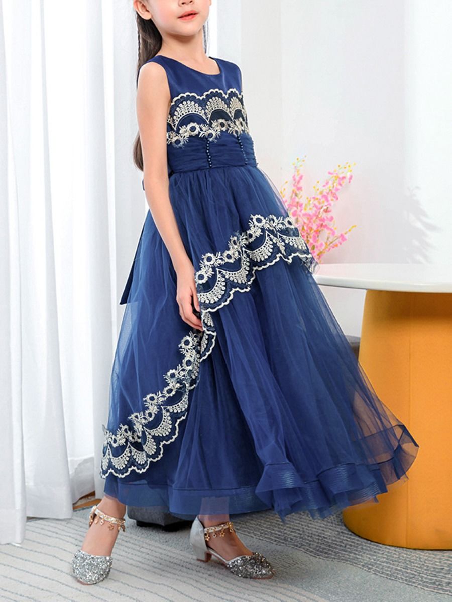 Wholesale Kid Girl Party Embroidery Waves Mesh Tank Dre