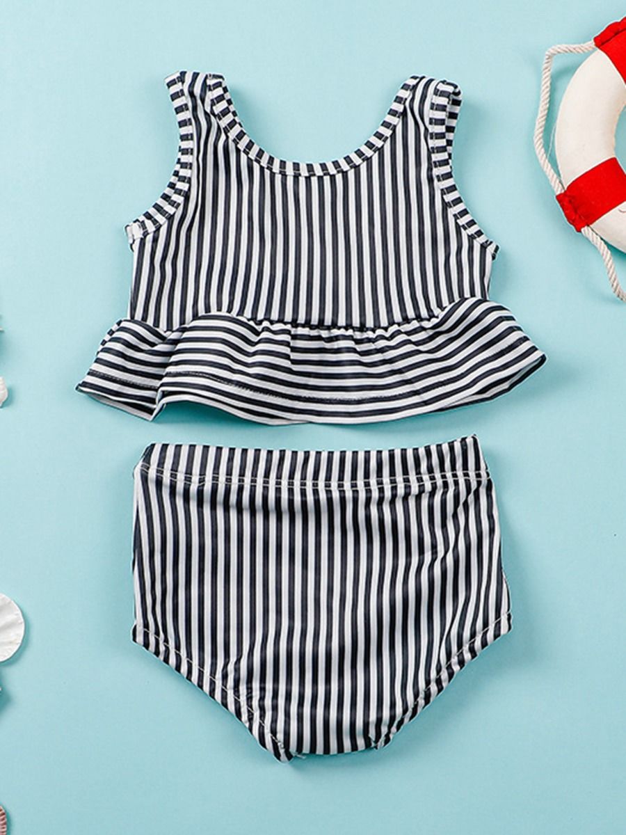 Wholesale 2 Pieces Kid Girl Swimwear Stripe Set Ruffle