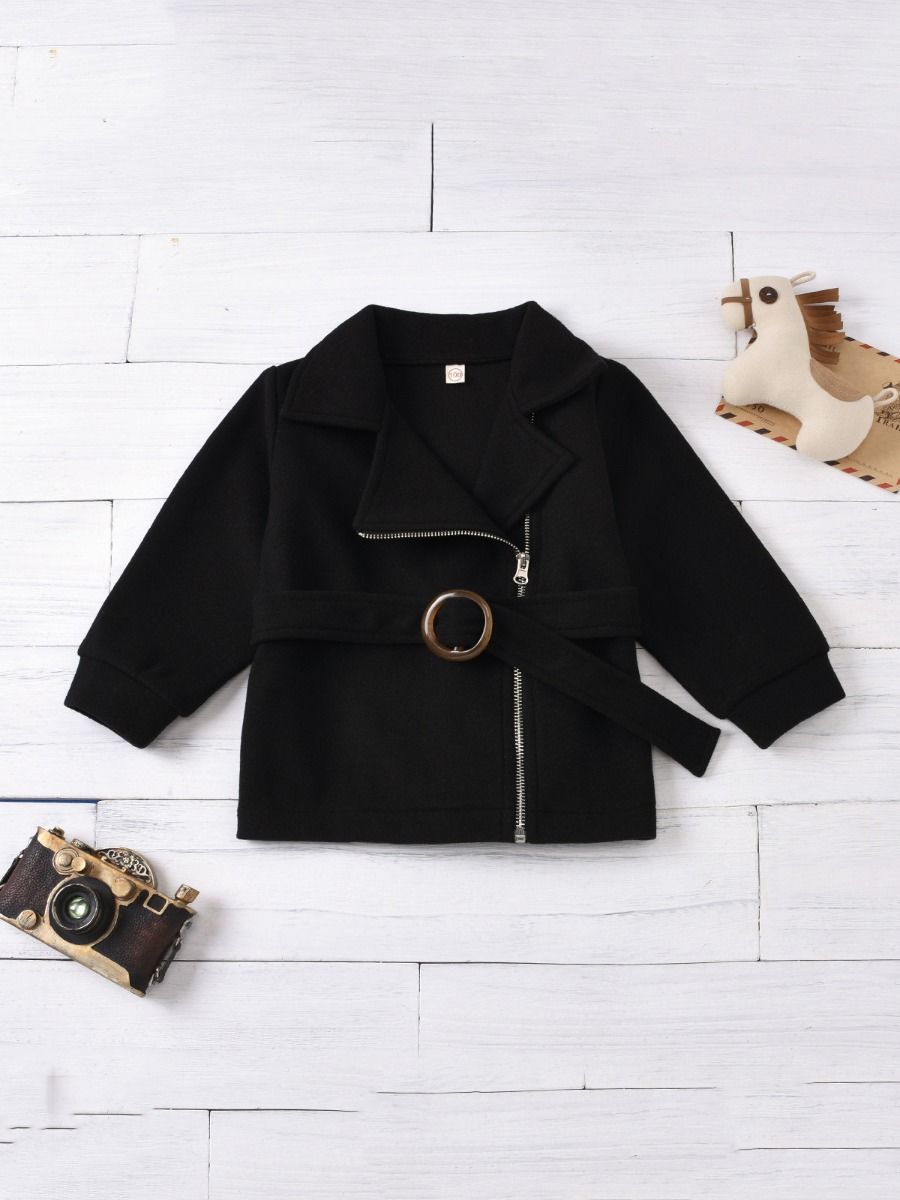 Wholesale Kid Girl Zip-up Belted Black Jacket 201102504