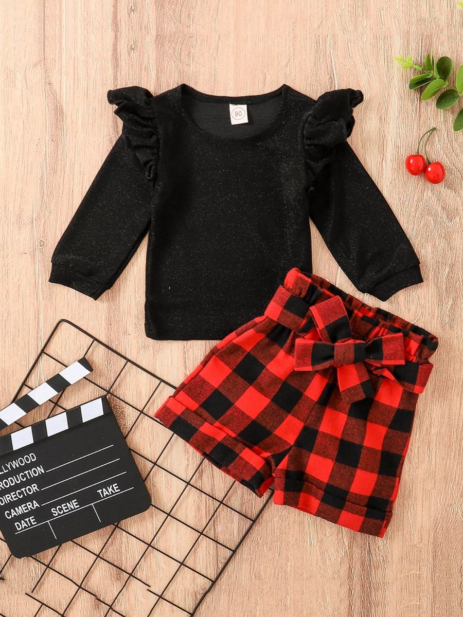 Wholesale 2 Pieces Kid Girl Sequins Ruffle Top & Plaid