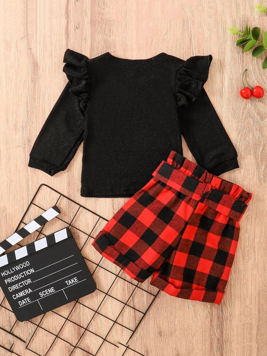 Wholesale 2 Pieces Kid Girl Sequins Ruffle Top & Plaid