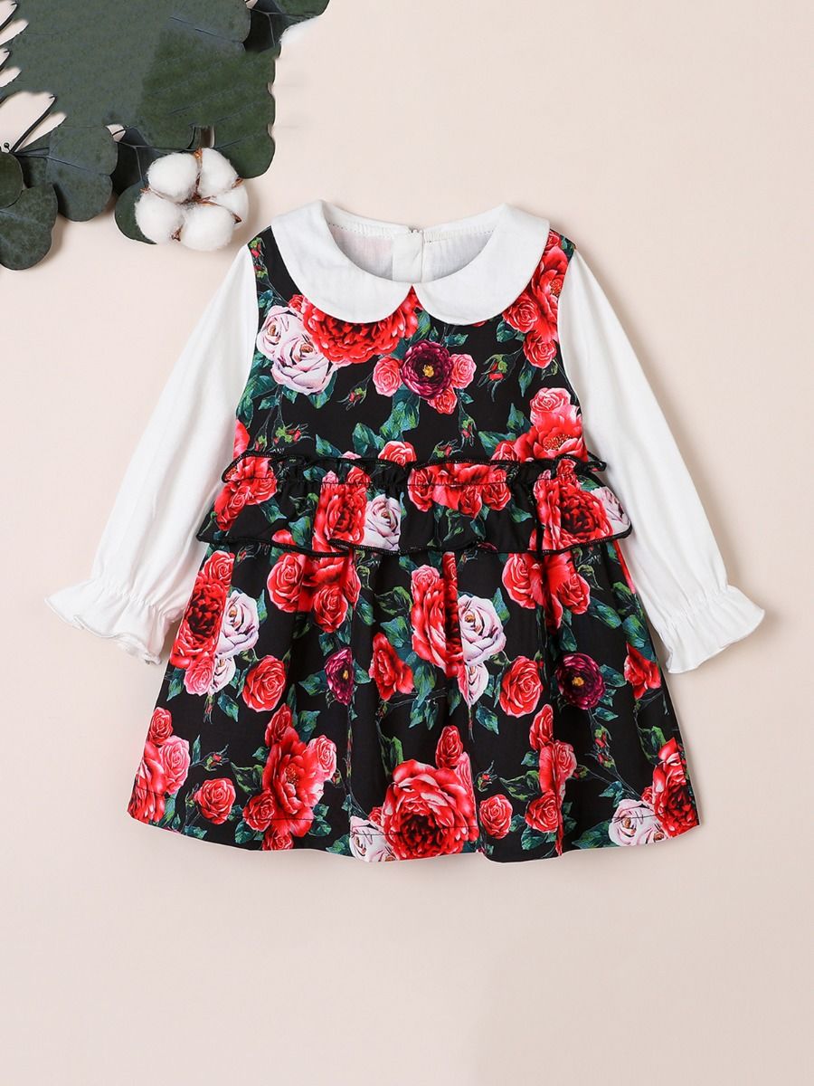 Wholesale Kid Girl Contrast Collar Floral Dress 2011207
