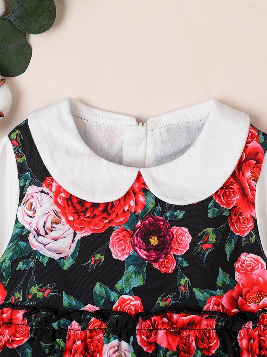 Wholesale Kid Girl Contrast Collar Floral Dress 2011207