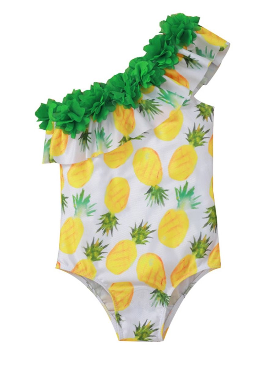 Wholesale Kid Girl Printed Ruffle One Shoulder One-piec