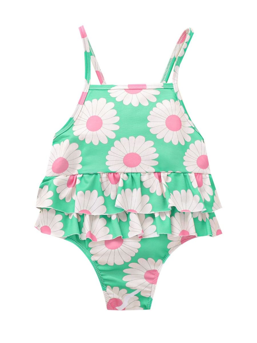 Wholesale Girls Floral Print Ruffle Trim One Piece Swim