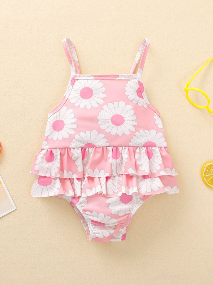 Wholesale Girls Floral Print Ruffle Trim One Piece Swim