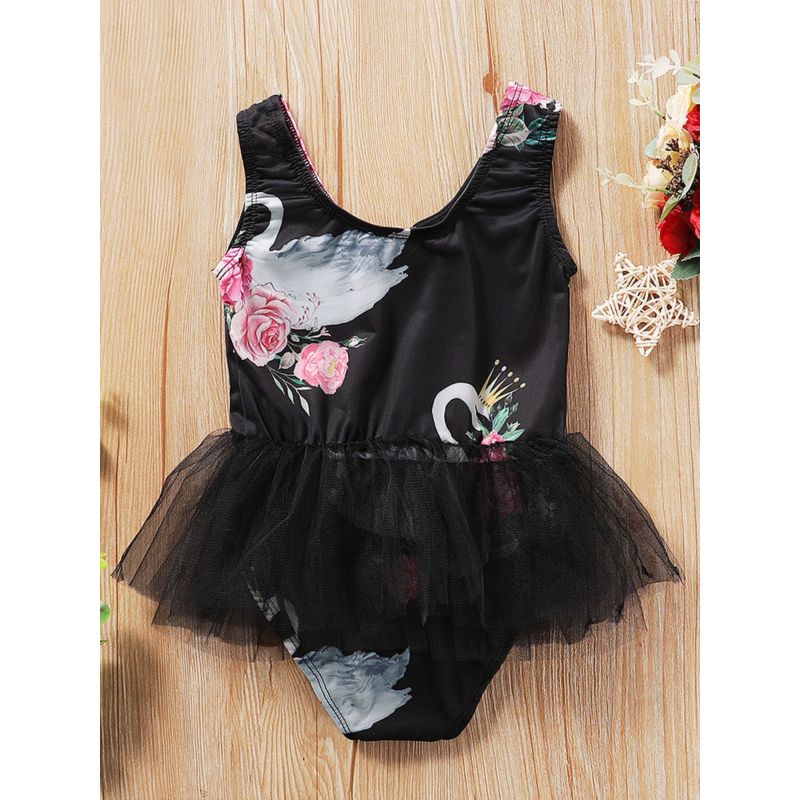 Wholesale Toddler Girl One Piece Black Swan Flower Mesh