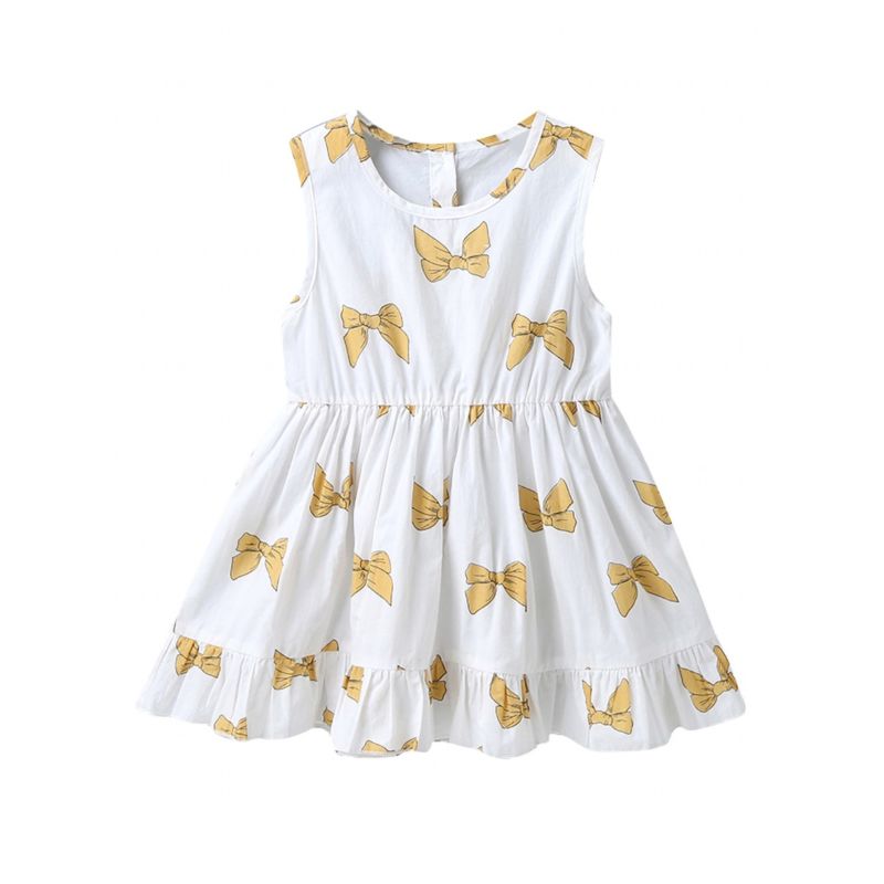 Wholesale Kid Girl Bow Print Ruffle Hem Sleeveless Dres