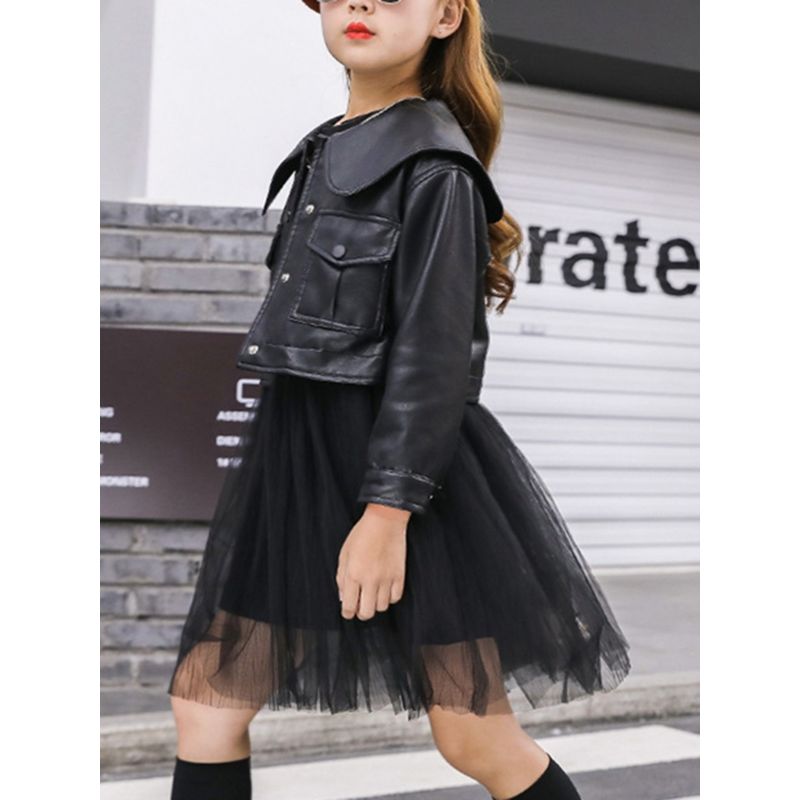 Wholesale 2 Pieces Kid Girl Set Mesh Dress With PU Jack