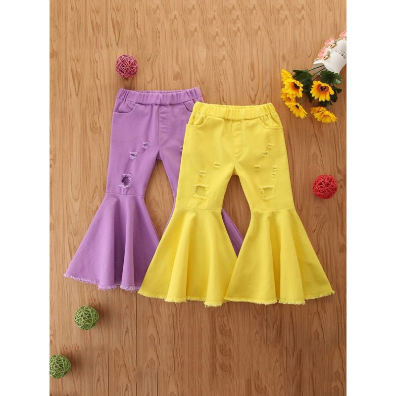 Wholesale Kid Girl Ripped Solid Color Denim Flared Pant