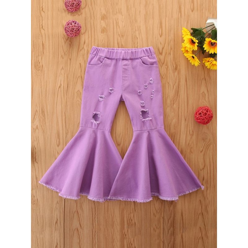 Wholesale Kid Girl Ripped Solid Color Denim Flared Pant