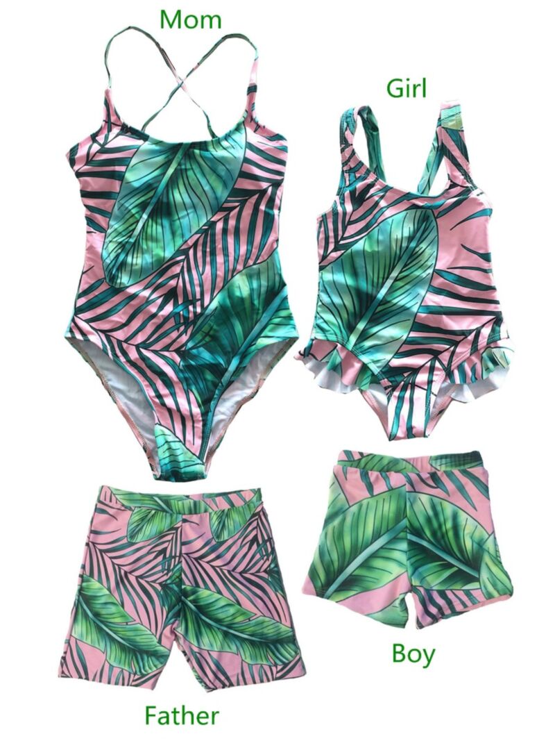 Wholesale Family Matching Leaf Print Swimming Trunks fo