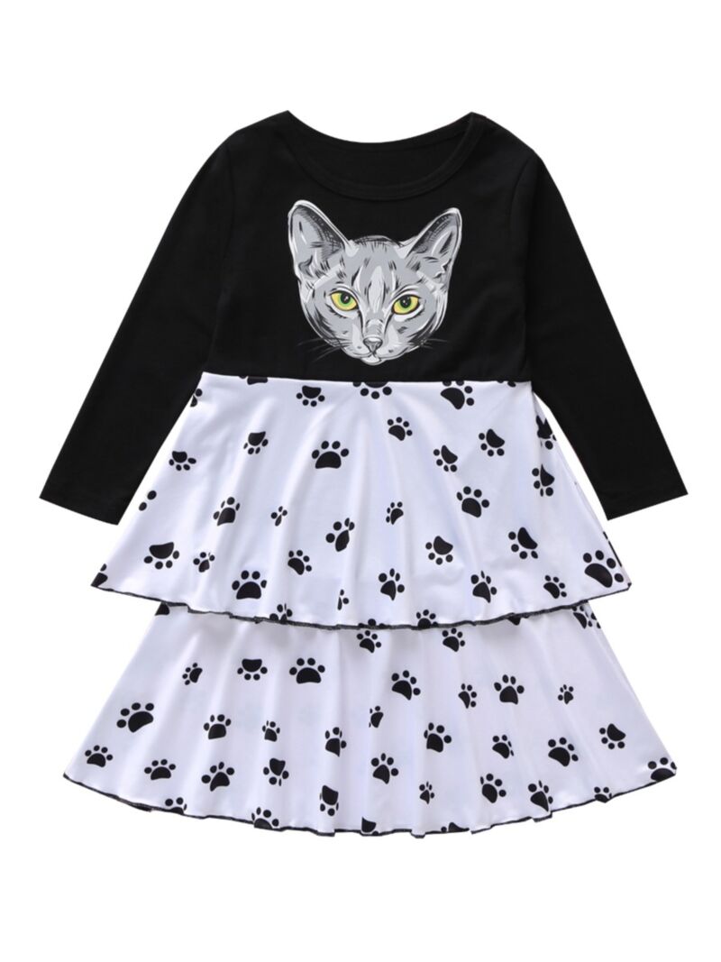 Wholesale Fall Toddler Little Girl Cat Print Dress 1909