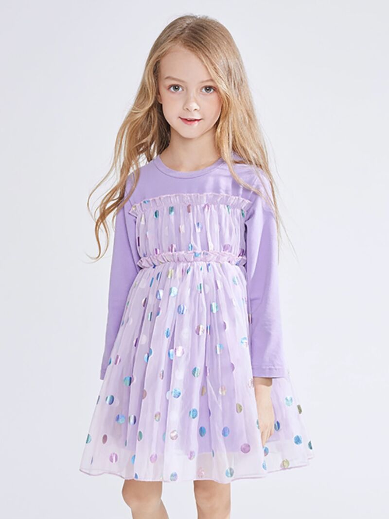 Wholesale Little Girl Polka Dots Mesh Patchwork Long Sl