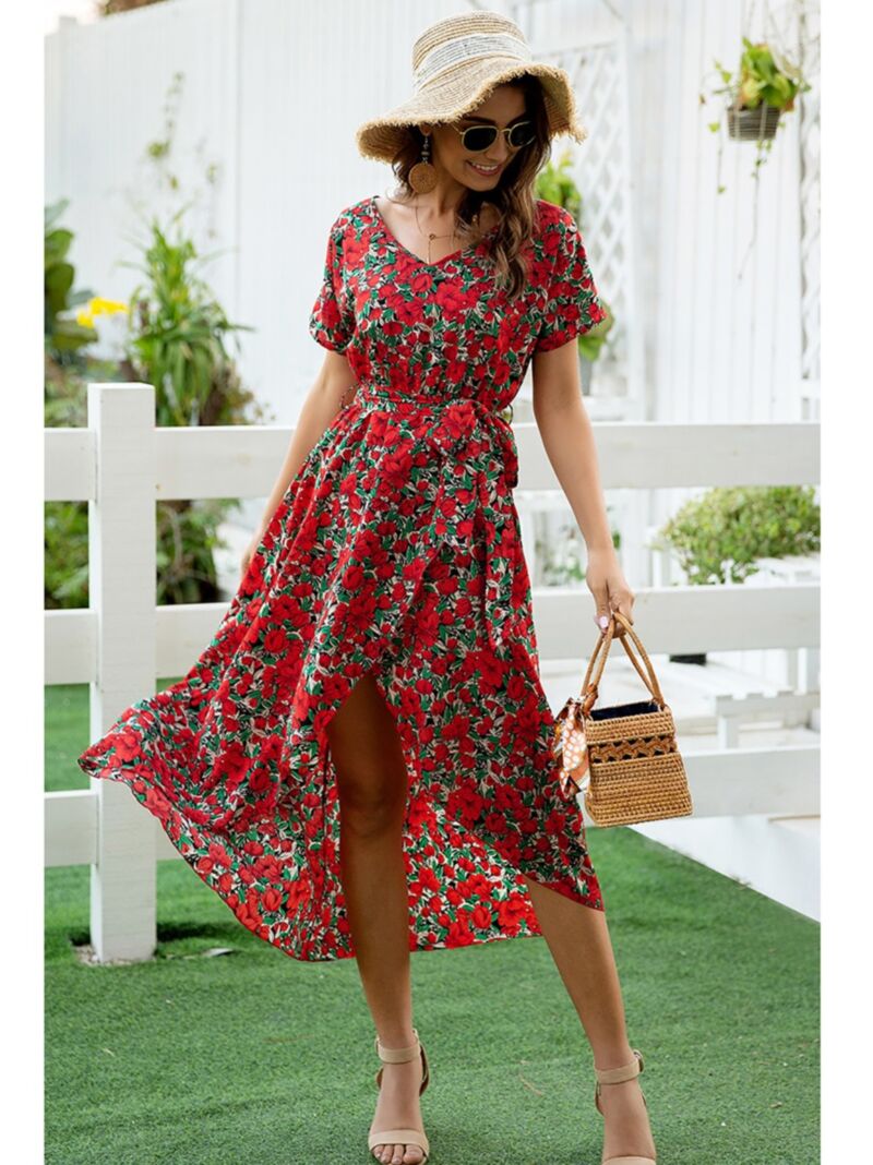 Wholesale V-neck Bohemian Printed Split Dresses 2001105