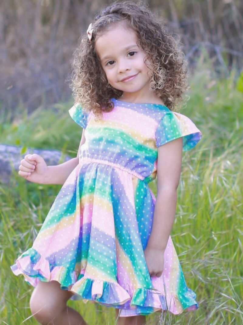 Wholesale Kid Girl Rainbow Color Fly Sleeve Dress 20051