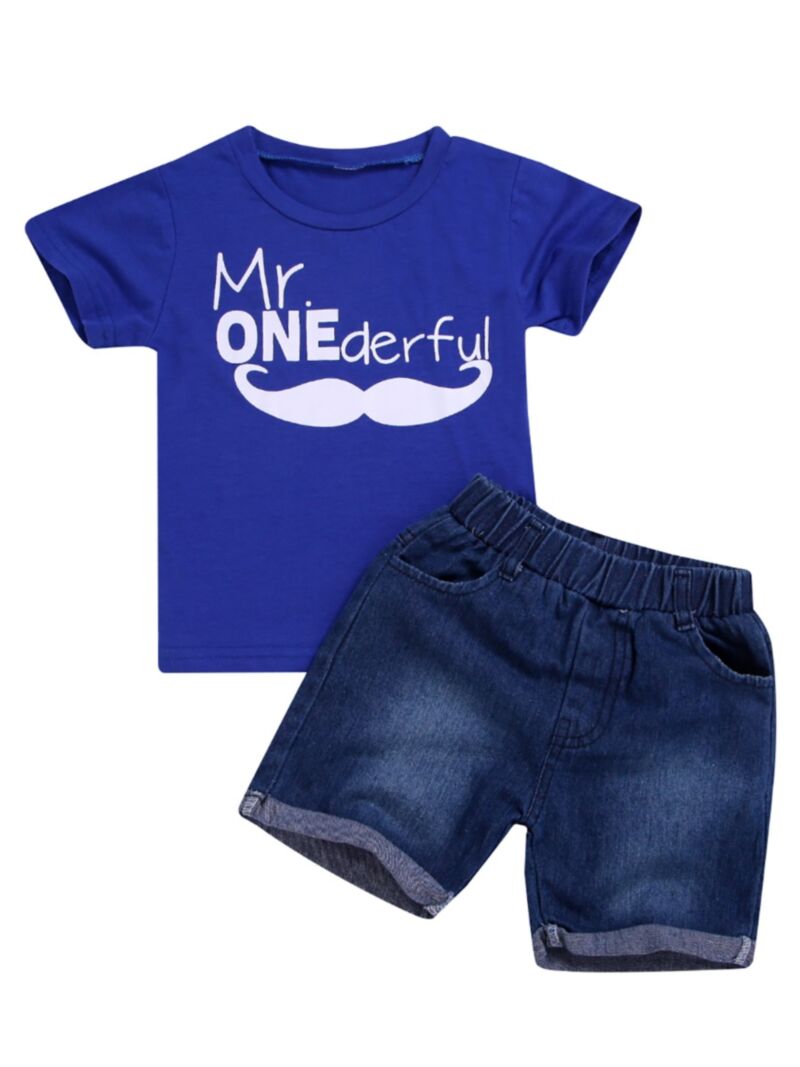 Wholesale 2 Pieces Little Boy Mr One Derful Blue T-Shir
