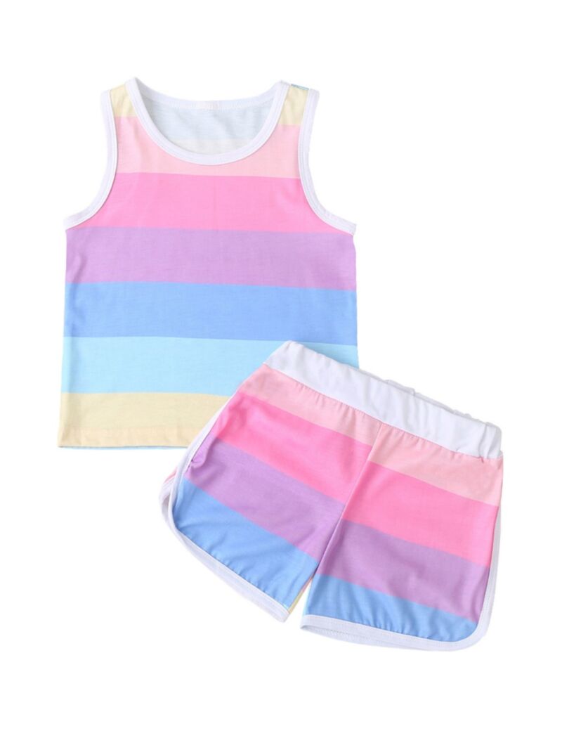 Wholesale 2 Pieces Kid Girl Rainbow Strip Set Tank Top