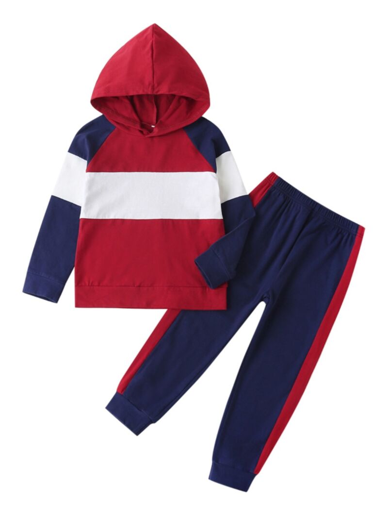 Wholesale 2 Pieces Kid Boy Colorblock Outfit Hooded Swe