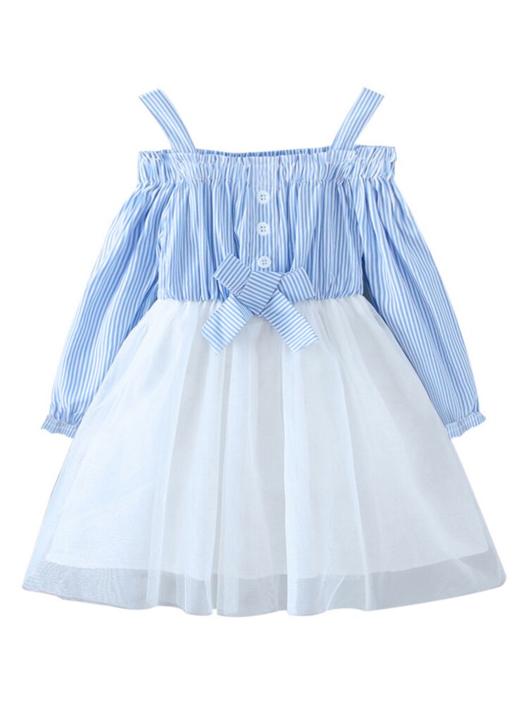 Wholesale Little Girl Stripe Mesh Off Shoulder Dress 21