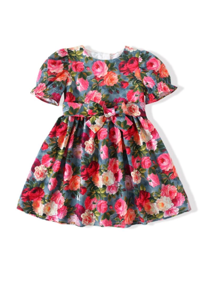 Wholesale Girl Rose Pattern Dress With Belted 210306702