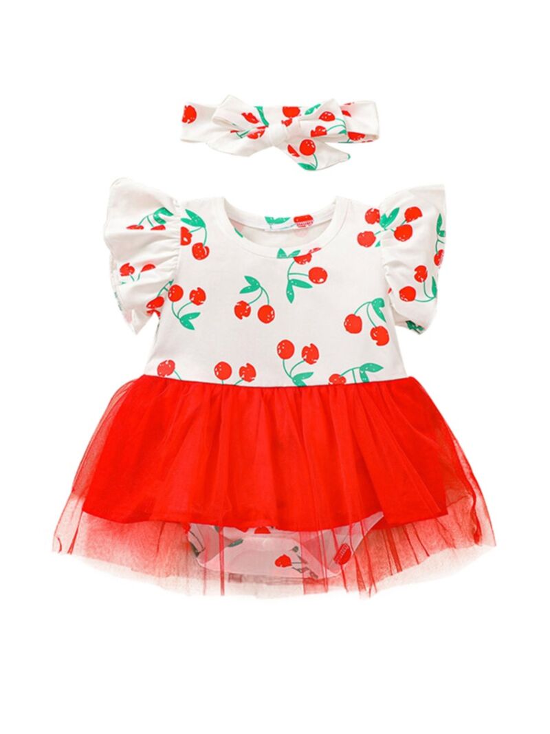 Wholesale 2-piece Baby Girl Cherry Print Flutter Sleeve