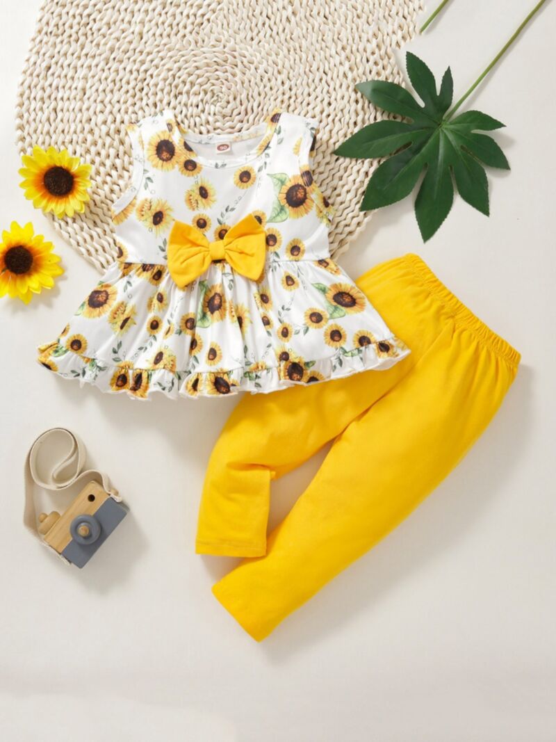 Wholesale Two Pieces Flower Print Kid Girl Sets Bow Tan