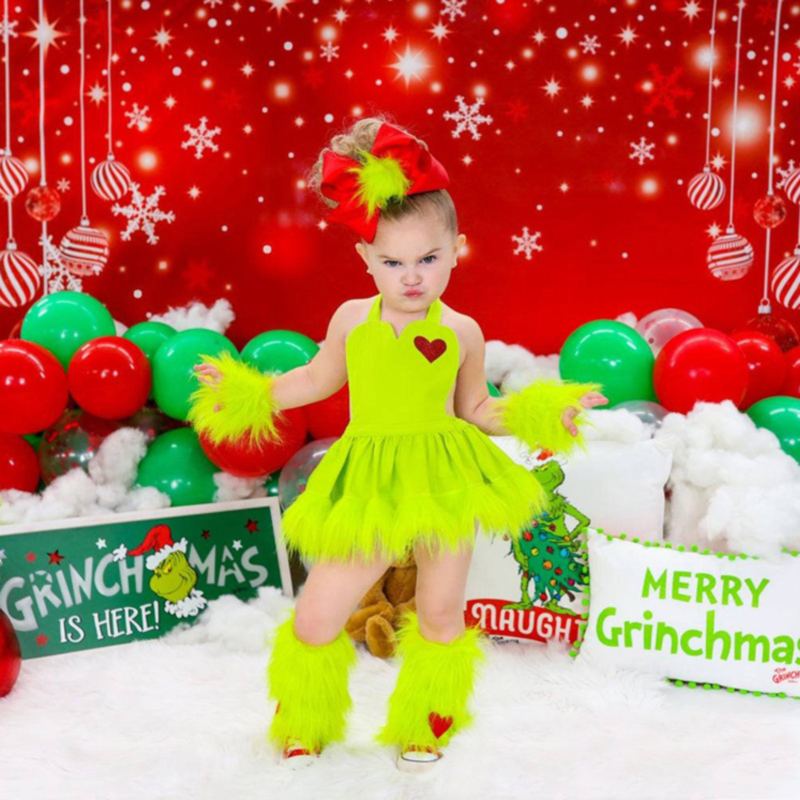 Wholesale 2-9Y Kids Girls Christmas Costume Green Fur G