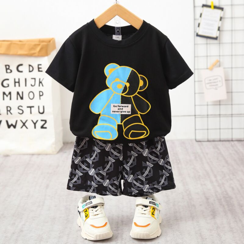 Wholesale 18M-6Y Bear Toll Print Black T-Shirt And Patt